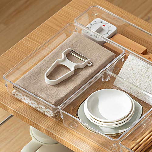 Kingrol 4 Pack Clear Drawer Organizer Trays, 15 x 6 x 2 Inch Desk Drawer Divider Storage Bins, Storage Box Set for Utensils Junks Vanities Makeups Jewelry Office Craft Supplies