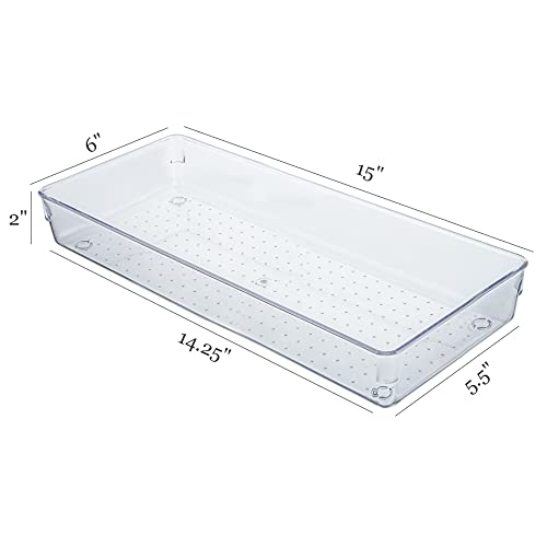 Kingrol 4 Pack Clear Drawer Organizer Trays, 15 x 6 x 2 Inch Desk Drawer Divider Storage Bins, Storage Box Set for Utensils Junks Vanities Makeups Jewelry Office Craft Supplies