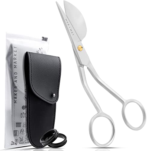 MAKER AND MARKET Applique Pelican Duckbill Blade 5.8 Inch - Double Bent Curved Offset Handle Scissors with Pouch Sleeve for Embroidery, Fabric, Thread, Knitting, Sewing, Arts & Craft (Satin Silver)