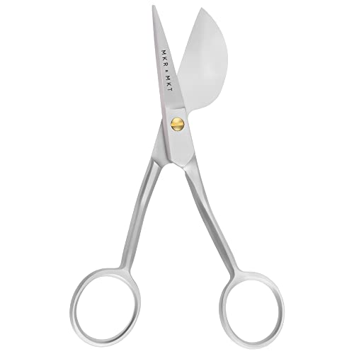 MAKER AND MARKET Applique Pelican Duckbill Blade 5.8 Inch - Double Bent Curved Offset Handle Scissors with Pouch Sleeve for Embroidery, Fabric, Thread, Knitting, Sewing, Arts & Craft (Satin Silver)