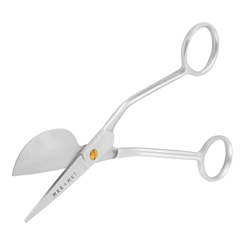 MAKER AND MARKET Applique Pelican Duckbill Blade 5.8 Inch - Double Bent Curved Offset Handle Scissors with Pouch Sleeve for Embroidery, Fabric, Thread, Knitting, Sewing, Arts & Craft (Satin Silver)