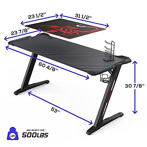 It's_Organized Gaming Desk 60 inch,Racing Style Gaming Computer Desk with RGB LED Lights,Z Shaped Professional Gamer Workstation with Mouse Pad,Handle Rack,Cup Holder,Headphone Hook,Black