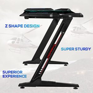 It's_Organized Gaming Desk 60 inch,Racing Style Gaming Computer Desk with RGB LED Lights,Z Shaped Professional Gamer Workstation with Mouse Pad,Handle Rack,Cup Holder,Headphone Hook,Black