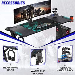 It's_Organized Gaming Desk 60 inch,Racing Style Gaming Computer Desk with RGB LED Lights,Z Shaped Professional Gamer Workstation with Mouse Pad,Handle Rack,Cup Holder,Headphone Hook,Black