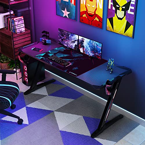 It's_Organized Gaming Desk 60 inch,Racing Style Gaming Computer Desk with RGB LED Lights,Z Shaped Professional Gamer Workstation with Mouse Pad,Handle Rack,Cup Holder,Headphone Hook,Black