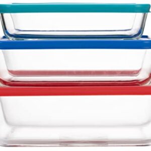 Klareware 3 Cup 6 Cup 11 Cup Rectangle Glass Food Storage Containers Stackable Meal Prep Lunch Bento or leftover salad bowls Dish w BPA Free Lids 6 Piece Multi Color Set