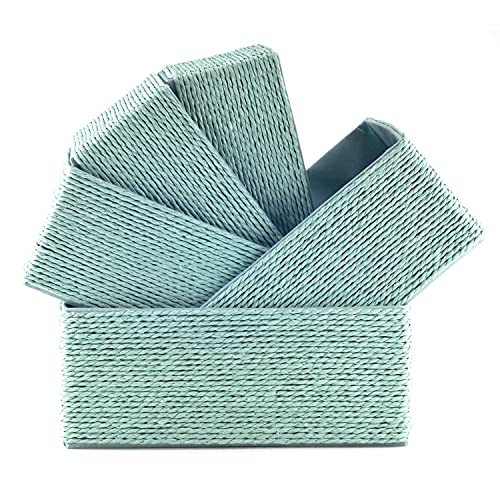 Acrola 5-Pack Decorative Storage Baskets Stackable Woven Basket Paper Rope Bin with Fabric Liner, Organizing Baskets for Makeup Closet Bathroom Bedroom (Mint)