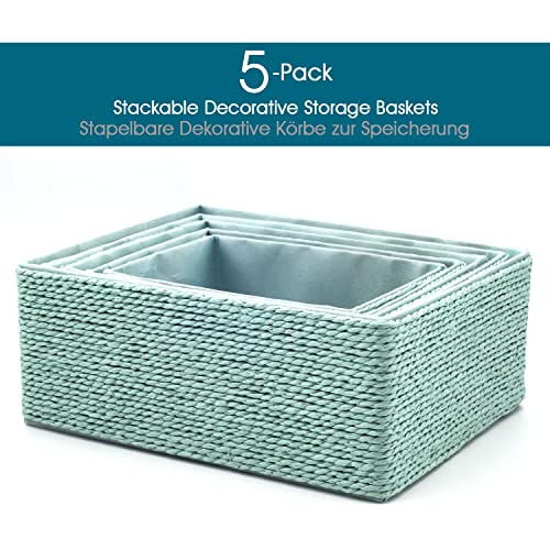 Acrola 5-Pack Decorative Storage Baskets Stackable Woven Basket Paper Rope Bin with Fabric Liner, Organizing Baskets for Makeup Closet Bathroom Bedroom (Mint)