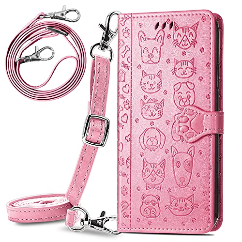 CCSmall Samsung Galaxy A32 5G (Not 4G) Crossbody Cell Wallet Case,Cute Cat Dog Cartoon Style Flip Phone Cover with Removable Lanyard Strap with Card Holde Case for Samsung Galaxy A32 5G MGG Pink