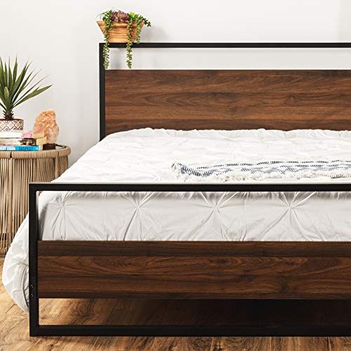 Best Choice Products Metal Wood Platform Bed Frame, Queen Size Mattress Support w/Wood Slats, No Box Spring Needed, Low Profile Headboard, Footboard, 660lb Capacity - Black/Brown