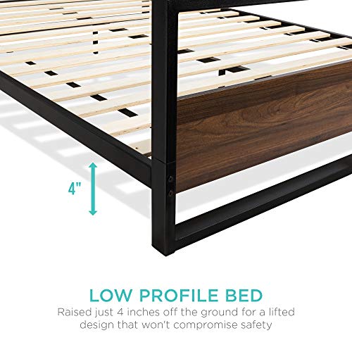 Best Choice Products Metal Wood Platform Bed Frame, Queen Size Mattress Support w/Wood Slats, No Box Spring Needed, Low Profile Headboard, Footboard, 660lb Capacity - Black/Brown