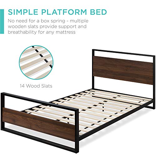 Best Choice Products Metal Wood Platform Bed Frame, Queen Size Mattress Support w/Wood Slats, No Box Spring Needed, Low Profile Headboard, Footboard, 660lb Capacity - Black/Brown