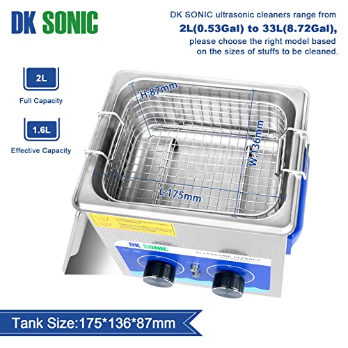 DK SONIC Ultrasonic Cleaner with Heater and Basket for Coins,Small Metal Parts,Record,Circuit Board,Daily Necessaries,Lab Tools,etc(2.1L, 110V)