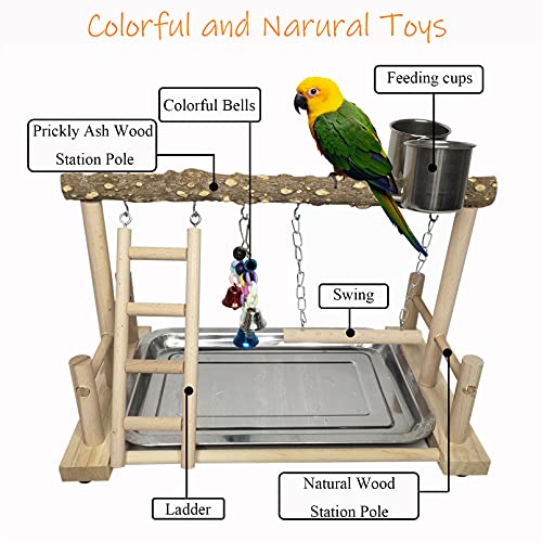 PINVNBY Bird Playground Parrot Playstand Birds Play Stand Wood Exercise Perch Gym Stand Playpen Ladder with Feeder Cups Hanging Swing Toys for Parakeet Conure Cockatiel Budgie Cage Accessories