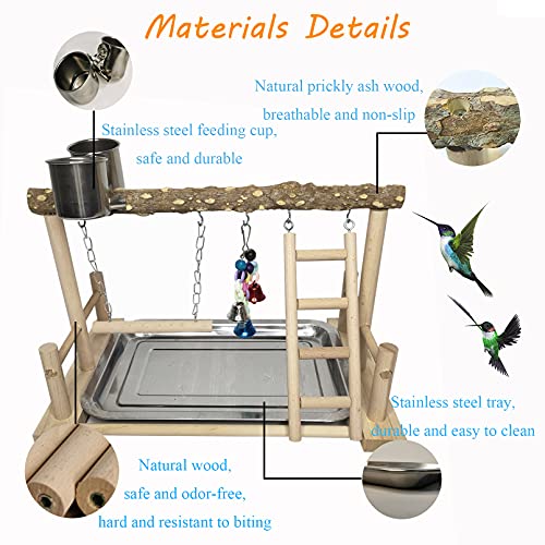 PINVNBY Bird Playground Parrot Playstand Birds Play Stand Wood Exercise Perch Gym Stand Playpen Ladder with Feeder Cups Hanging Swing Toys for Parakeet Conure Cockatiel Budgie Cage Accessories