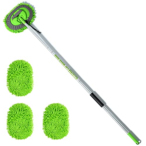 HIRALIY 2 in 1 Car Wash Brush, 62" Car Wash Mop with Long Handle, Chenille Microfiber Car Washing Mitt, Extension Pole Flexible Rotation Scratch Free, to Clean Trucks, RVs, Pickups, and Buses (Green)