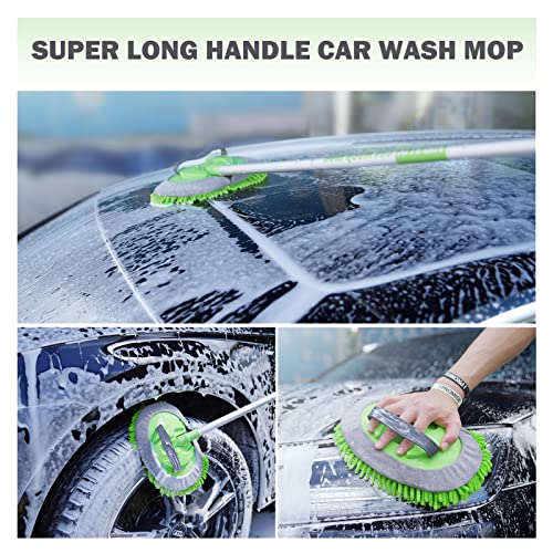 HIRALIY 2 in 1 Car Wash Brush, 62" Car Wash Mop with Long Handle, Chenille Microfiber Car Washing Mitt, Extension Pole Flexible Rotation Scratch Free, to Clean Trucks, RVs, Pickups, and Buses (Green)