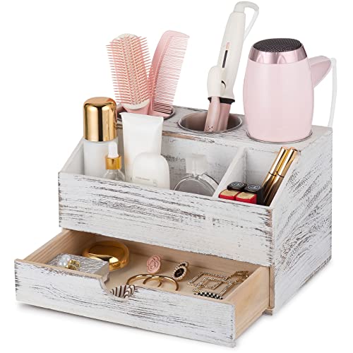 iToplin Wood Hair Dryer Holder, Hair Tool Organizer, Curling Iron Holder Hair Styling Tool Organizer for Bathroom Vanity Countertop Storage (Rustic White)