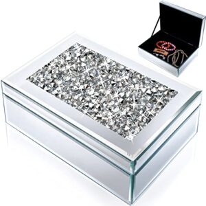 meetart large size diamond glass mirrored jewelry box simple classic storage organizer high-end luxury mirror box silver （9.5x6.5x3inch）