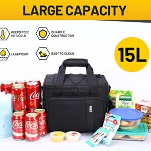 MIER Mens Lunchbox for Work Insulated 24 Cans/15L Large Lunch Bags Leakproof Adult Women Lunch Box Coolers for Travel Beach Picnic Office, Black