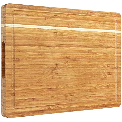 Timberr Bamboo Cutting Board - Large Wood Cutting Board with Handles and Grooves - 1 Inch Thick Wooden Chopping Block for Meat, Vegetables, and Cheeses - Makes an Excellent Serving Tray for Parties