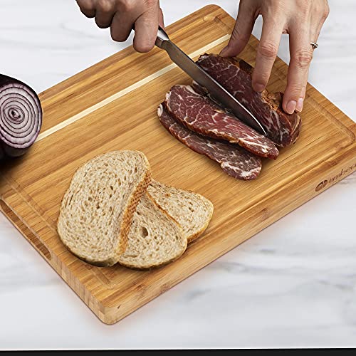 Timberr Bamboo Cutting Board - Large Wood Cutting Board with Handles and Grooves - 1 Inch Thick Wooden Chopping Block for Meat, Vegetables, and Cheeses - Makes an Excellent Serving Tray for Parties