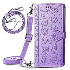 ccsmall samsung galaxy s21 fe (not s21) crossbody cell phone wallet case,cute cat dog cartoon style flip with removable lanyard strap with card holde cover for samsung galaxy s21 fe mgg purple