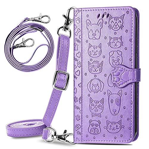 CCSmall Samsung Galaxy S21 FE (Not S21) Crossbody Cell Phone Wallet Case,Cute Cat Dog Cartoon Style Flip with Removable Lanyard Strap with Card Holde Cover for Samsung Galaxy S21 FE MGG Purple