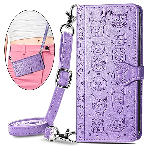 CCSmall Samsung Galaxy S21 FE (Not S21) Crossbody Cell Phone Wallet Case,Cute Cat Dog Cartoon Style Flip with Removable Lanyard Strap with Card Holde Cover for Samsung Galaxy S21 FE MGG Purple