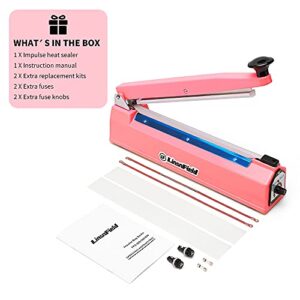 LinsnField Sealer Pro - 8 inch Impulse Heat Sealer - 2mm Sealing Width - Manual Heat Sealer Machine for All Bags - Most Heavy Duty for Strong, Secure Sealing for Long Term Food Storage - Extra 2 Replacements, 2 Fuses Included(Pink)