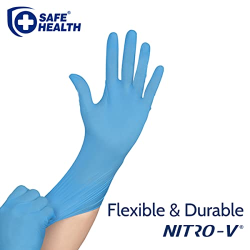 Safe Health NITRO-V Nitile-Vinyl Synthetic Exam Disposable Gloves, Latex Free, Powder Free, Blue, Box of 100, Large, Medical Grade, Clinic, Nursing, Food, Hair Salon, Cleaning, Housework