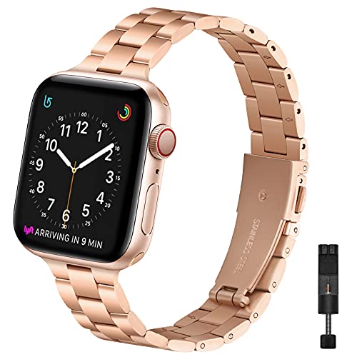 OMIU Thin Band Compatible with Apple Watch 40mm 38mm 41mm 42mm 44mm 45mm 49mm, Premium Stainless Steel Metal Replacement Adjustable Wristband Strap for iWatch Ultra SE Series 8/7/6/5/4/3/2/1 Women Men