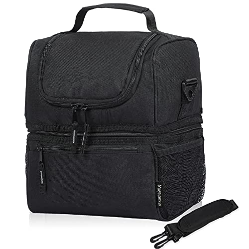 Insulated Lunch Box - Dual Compartment Large Adult Lunch Bag with Sturdy Support & Adjustable Shoulder Strap, Mens Womens Reusable Leakproof lunch Cooler Bags for Work, School, Outdoor, Picnic (Black)