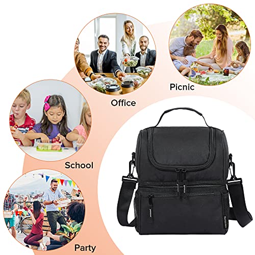 Insulated Lunch Box - Dual Compartment Large Adult Lunch Bag with Sturdy Support & Adjustable Shoulder Strap, Mens Womens Reusable Leakproof lunch Cooler Bags for Work, School, Outdoor, Picnic (Black)