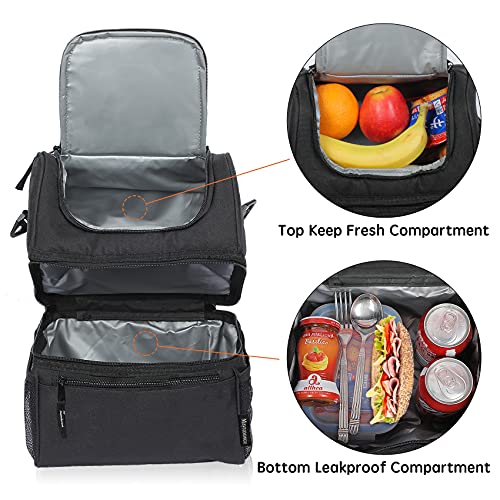 Insulated Lunch Box - Dual Compartment Large Adult Lunch Bag with Sturdy Support & Adjustable Shoulder Strap, Mens Womens Reusable Leakproof lunch Cooler Bags for Work, School, Outdoor, Picnic (Black)