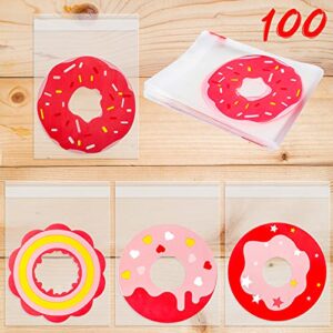 konsait 100count donuts cookie candy treat bags self-adhesive sweets biscuit dessert bags plastic bags packaging donuts cellophane gift goody bags for children's day party favors supplies