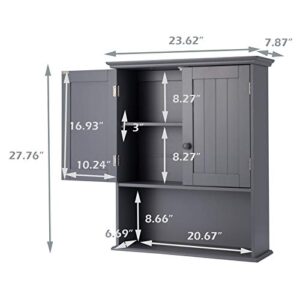 GLACER Bathroom Wall Cabinet, Medicine Cabinet with Double Doors and Adjustable Shelf, Wall Mounted Storage Cabinet for Bathroom, Living Room, Kitchen, Entryway, 23.62 x 7.87 x 27.76 inches (Grey)