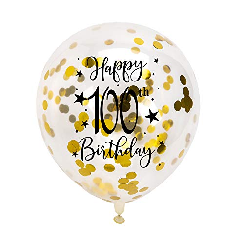 Gold 100th Confetti Latex Balloons, Woman or Man Happy 100 Years Birthday Party Balloon Decoration With Confetti, 12in, 16 Pack