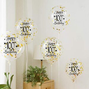 Gold 100th Confetti Latex Balloons, Woman or Man Happy 100 Years Birthday Party Balloon Decoration With Confetti, 12in, 16 Pack