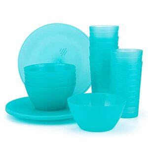 plastic dinnerware set, unbreakable and reusable plastic plate, bowl and tumbler | set of 18 teal