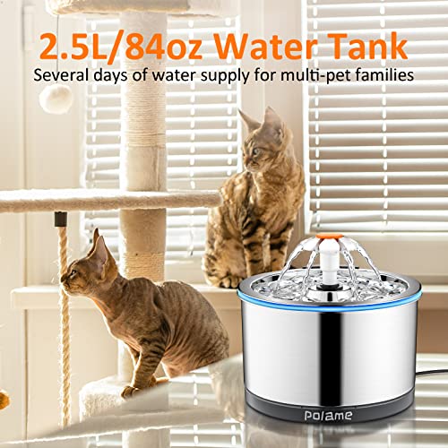 POLAME Cat Water Fountain Stainless Steel, Automatic Water Fountain for Cats Inside, Ultra-Quiet Pet Fountain Dog Water Dispenser with 1 Cat Waterer Filter for Cats, Small Dogs