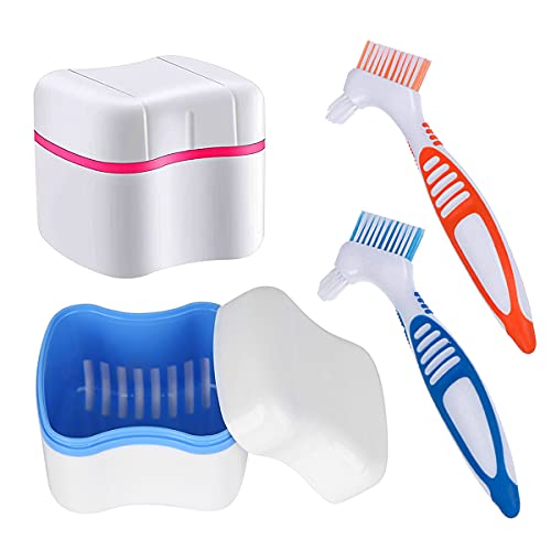 Denture Cleaner Box and Brush Set - 2 Pack Denture Bath Case with Basket + 2 Pack Denture Brush, Portable Denture Retainer Storage Box, False Teeth Brushes for Oral Care (Blue and Red)