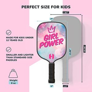 Helium Pickleball Paddle for Kids – Child Size Paddle for Children Under 12, Lightweight Honeycomb Core, Graphite Strike Face, Pickleball Paddle & Drawstring Bag - Girl Power