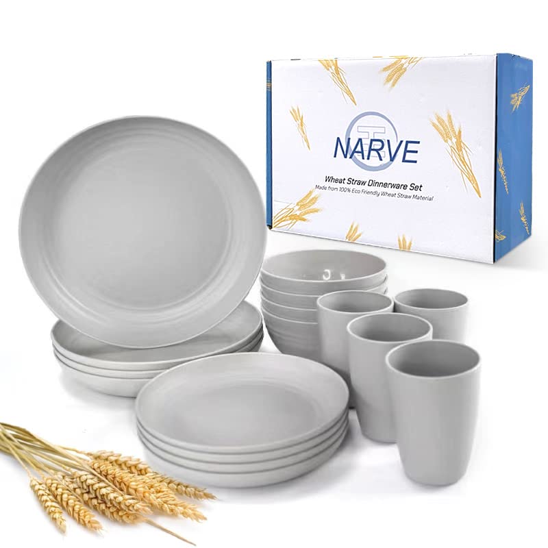 Wheat Straw Dinnerware Sets (16pcs) Grey-Unbreakable Microwave Safe-Lightweight Bowls, Cups, Plates Set-Reusable, Eco Friendly,Dishwasher Safe,Wheat Straw Plates,Wheat Straw Bowls, Cereal Bowls