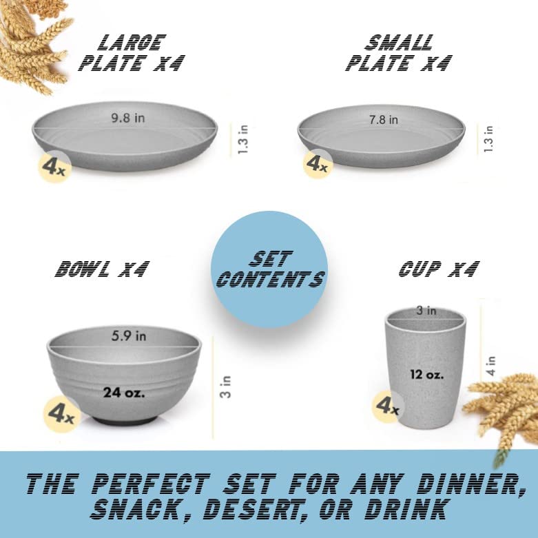 Wheat Straw Dinnerware Sets (16pcs) Grey-Unbreakable Microwave Safe-Lightweight Bowls, Cups, Plates Set-Reusable, Eco Friendly,Dishwasher Safe,Wheat Straw Plates,Wheat Straw Bowls, Cereal Bowls