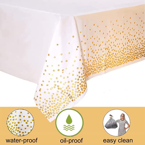 2 Pack White and Gold Tablecloth Disposable Gold Tables Tablecloths for Rectangle 54" x 108" Plastic Tablecloth Party Table Covers for Birthday Thanksgiving Christmas Wedding Outdoor BBQ (White)