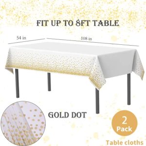 2 Pack White and Gold Tablecloth Disposable Gold Tables Tablecloths for Rectangle 54" x 108" Plastic Tablecloth Party Table Covers for Birthday Thanksgiving Christmas Wedding Outdoor BBQ (White)