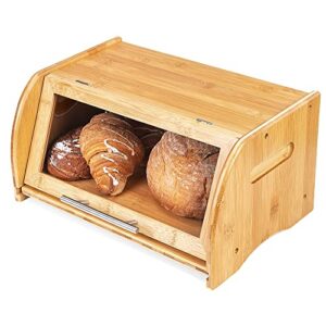 apace living complet stylish bamboo bread box with chopping board for kitchen countertop, extra large wooden bread storage with window, air vents keeps bread, bagels and rolls fresh