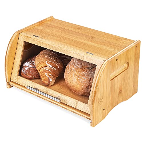 Apace Living Complet Stylish Bamboo Bread Box with Chopping Board for Kitchen Countertop, Extra Large Wooden Bread Storage with Window, Air Vents Keeps Bread, Bagels and Rolls Fresh