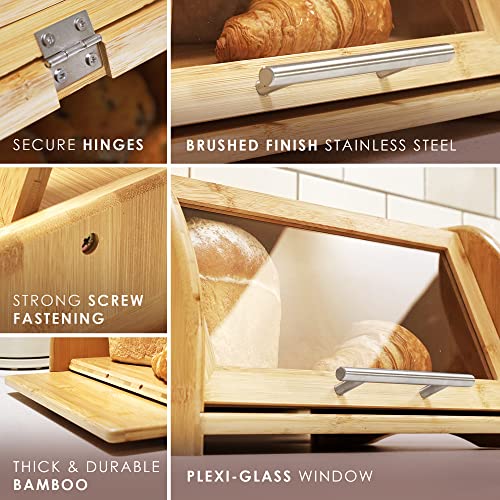 Apace Living Complet Stylish Bamboo Bread Box with Chopping Board for Kitchen Countertop, Extra Large Wooden Bread Storage with Window, Air Vents Keeps Bread, Bagels and Rolls Fresh